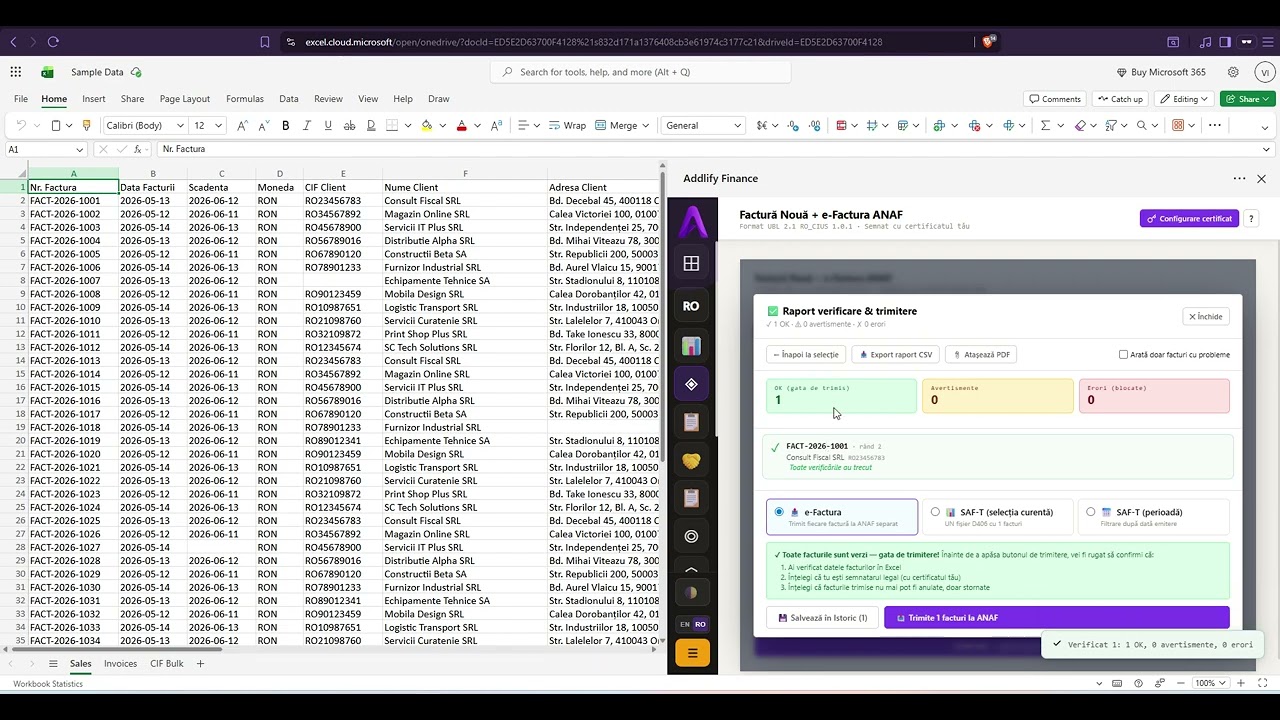Addlify Finance — SAF-T D406 & e-Factura direct din Excel